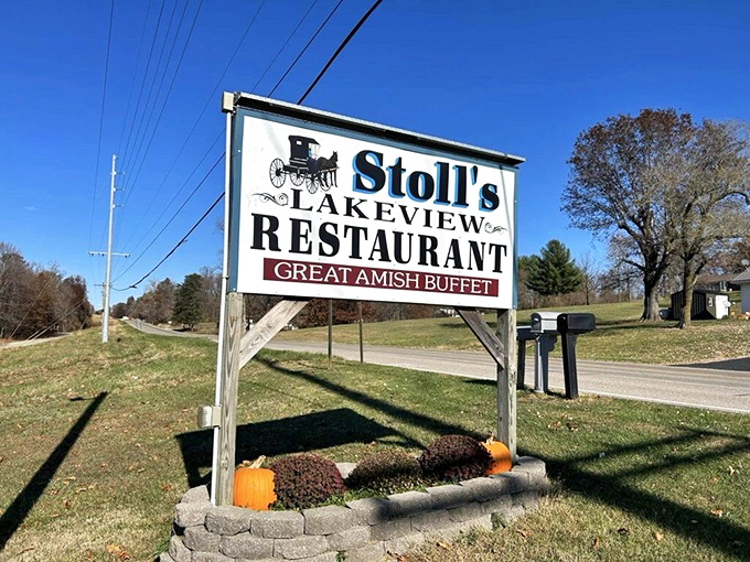 The roadside sign stands as a beacon of hope for hungry travelers. That Amish buggy silhouette is basically a five-star rating system.