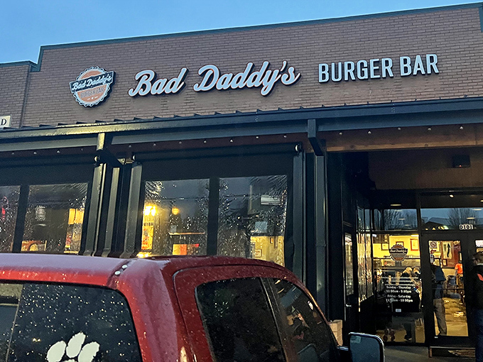 As dusk falls, the Bad Daddy's sign glows like a beacon of hope for the hungry and burger-deprived.