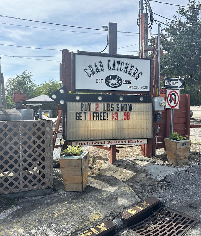 Simple signage that promises fresh local seafood - sometimes the best things need no fancy advertising.