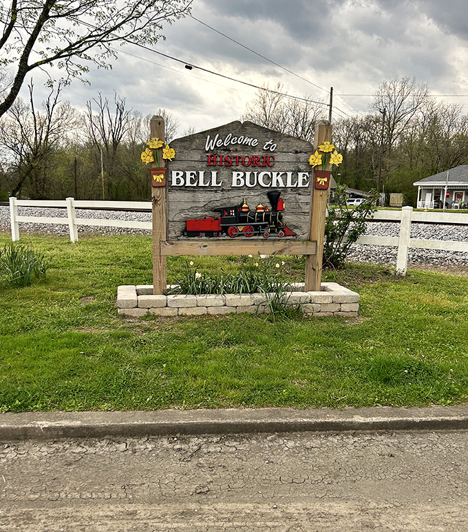 Welcome to Historic Bell Buckle &ndash; this charming wooden sign, complete with locomotive, sets the tone for a town where time moves differently.