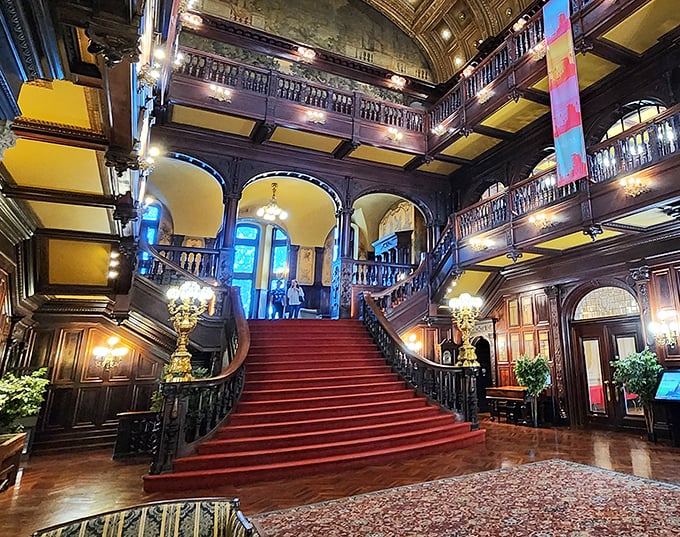 The grand staircase makes an entrance worthy of royalty. That red carpet practically demands you descend dramatically while everyone watches in admiration.