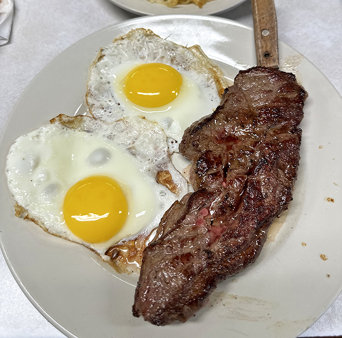 Steak and eggs&mdash;the breakfast of champions and those who worked up an appetite. Two sunny-side-up eggs keeping company with a perfectly seared steak.