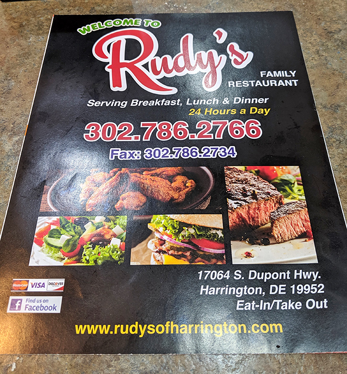 This menu cover tells you everything you need to know &ndash; 24-hour comfort is just a phone call away. 