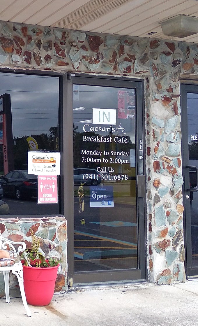 Natural stone entrance welcomes hungry travelers into a world where breakfast tacos have achieved legendary status.