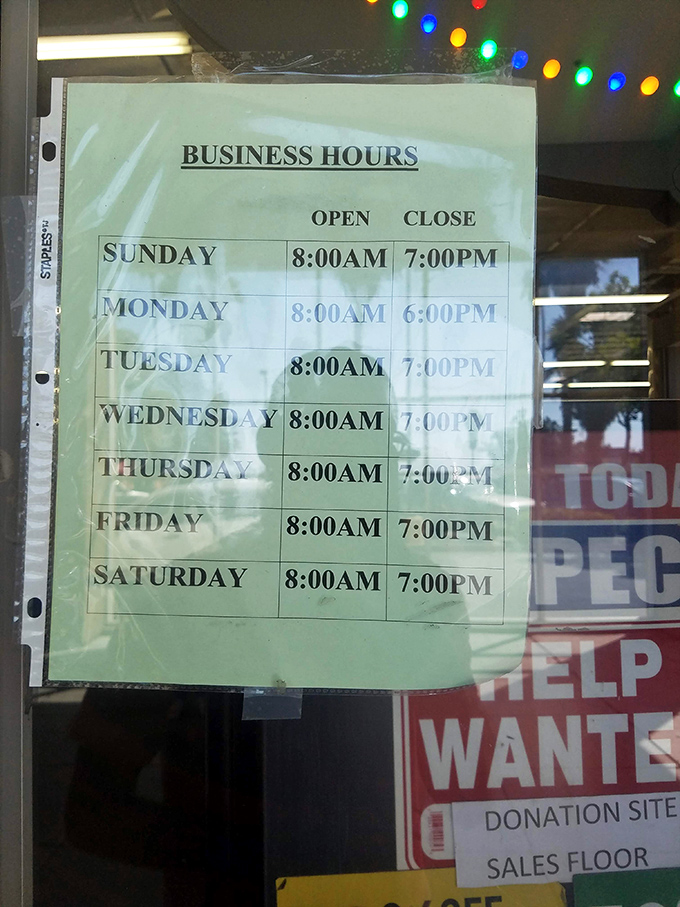 The sacred schedule, illuminated by festive lights. These generous hours mean more time for treasure hunting&mdash;a thrifter's dream come true!