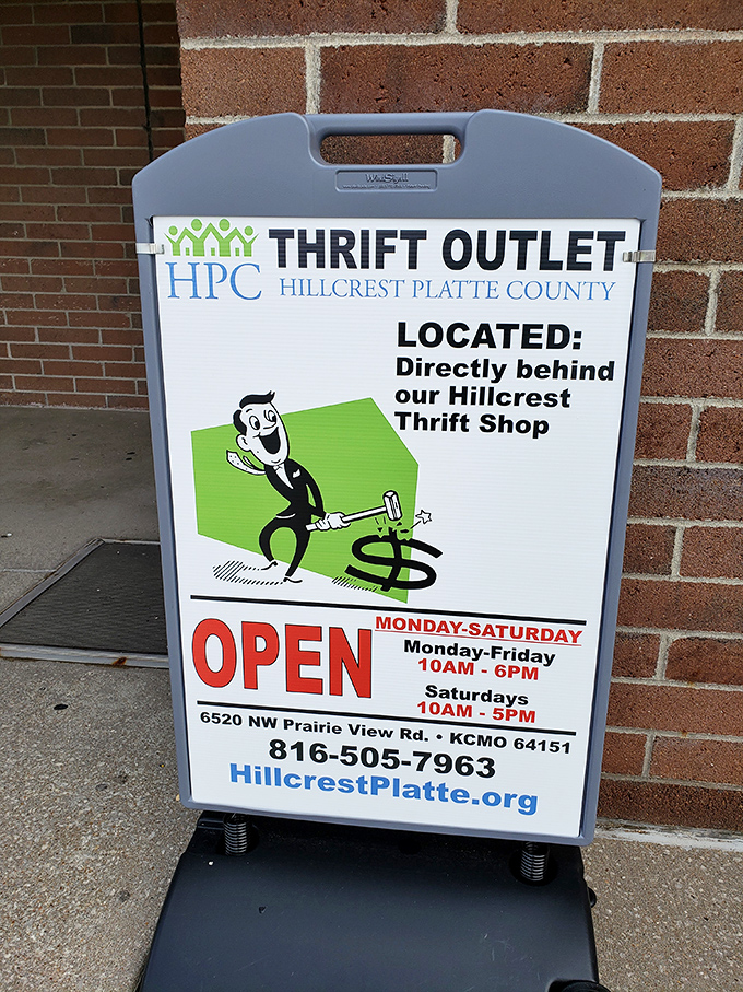 Even the sidewalk sign has personality! Store hours displayed with cartoon enthusiasm and the promise of dollar-stretching adventures inside.