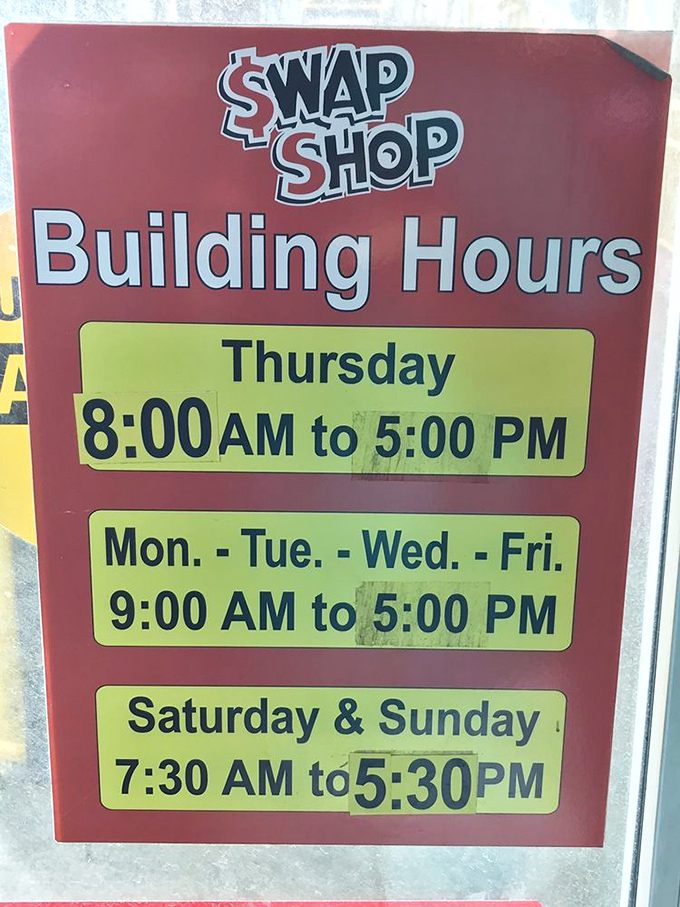 The operating hours of opportunity! This sign reveals the sacred times when bargain hunters can pursue their passion for finding treasures among others' castoffs.