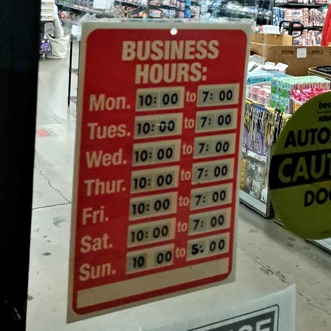 The store hours sign&mdash;a beacon of hope for bargain hunters planning their strategic shopping missions. Early birds catch the best worms (and lamps, and cookware, and...).