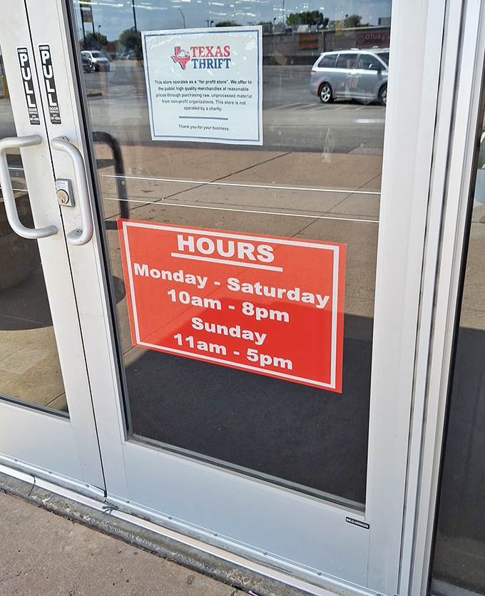 The hours posted like a promise: six days a week of full thrifting potential, with Sundays for the truly dedicated.