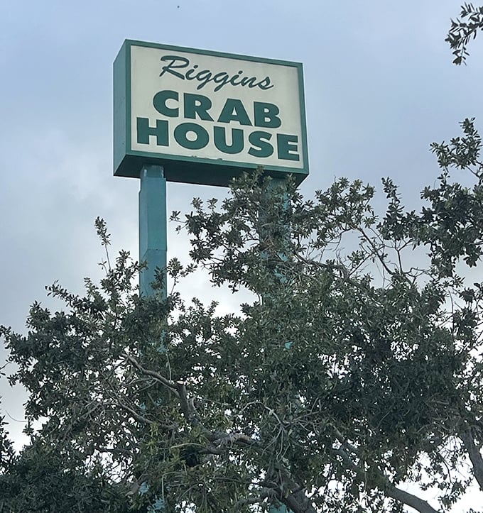 The Riggins Crab House sign stands tall among the trees, a beacon of hope for hungry travelers seeking crustacean salvation.