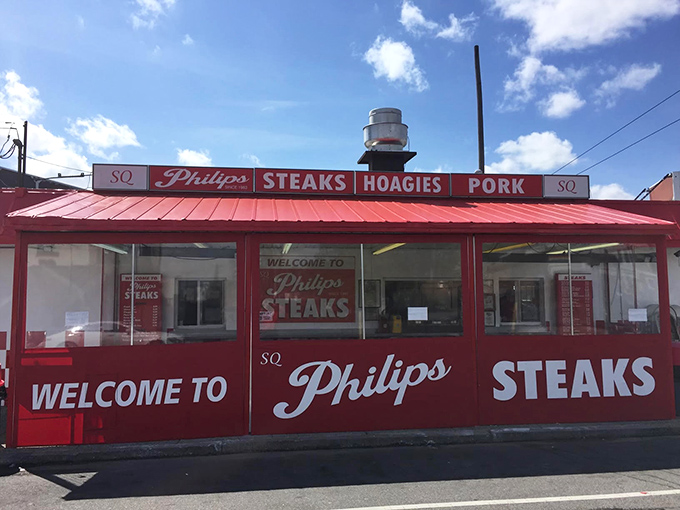 "WELCOME TO PHILIP'S STEAKS" isn't just signage&mdash;it's a promise. This red-roofed temple of beef has been keeping that promise since 1983.