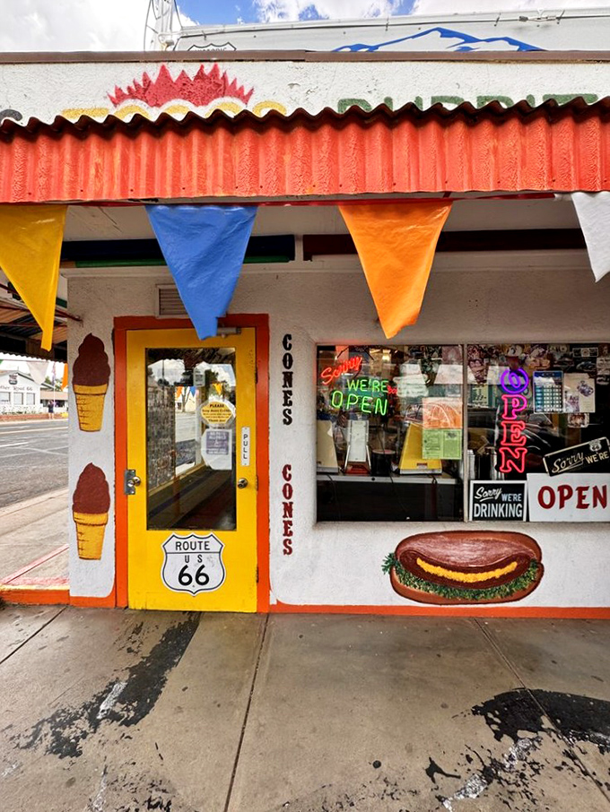 A storefront that promises more than food&mdash;it offers a time machine disguised as a diner, complete with colorful bunting and neon optimism.