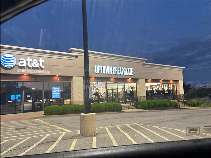 As dusk settles, Uptown Cheapskate glows with possibility, a beacon for bargain hunters and sustainable fashion seekers alike.