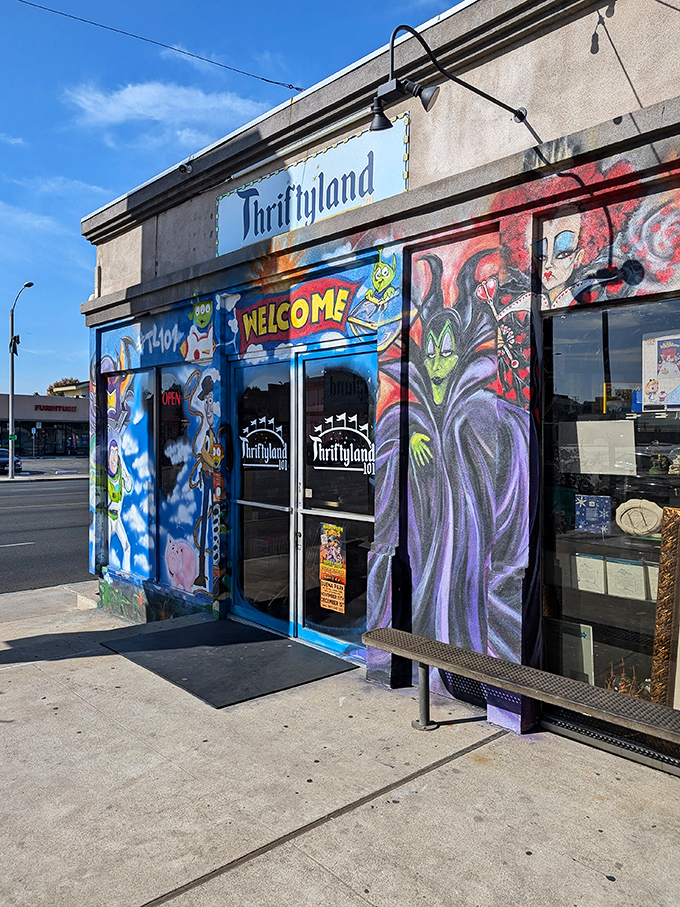 California sunshine illuminates this animated fa&ccedil;ade where Buzz, Woody, and the Evil Queen invite treasure hunters inside. The happiest thrift store on earth.
