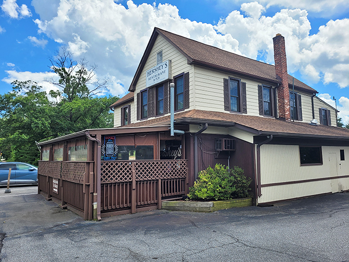 From this angle, Hershey's looks like it could be on a postcard labeled "Classic American Restaurant." The chimney adds that perfect touch of homey charm.