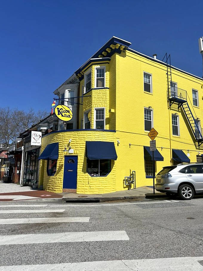That brilliant yellow exterior isn't just eye-catching&mdash;it's practically a landmark. "Turn at the bright yellow building with the amazing crab cakes."