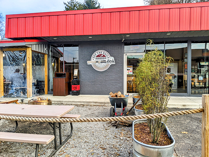 From this angle, Off the Rails looks like what would happen if a train depot and a smokehouse had a delicious architectural baby.