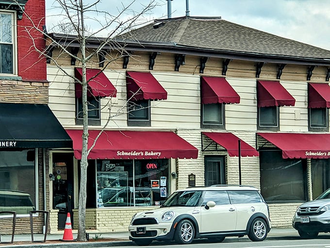 The distinctive red awnings of Schneider's Bakery stand out on Westerville's State Street like beacons guiding hungry travelers to donut salvation.