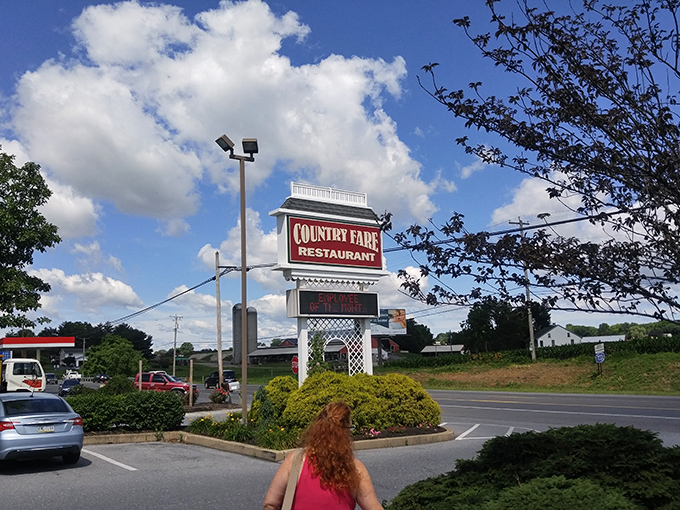 The sign stands tall against Pennsylvania skies, a landmark for those who know that exceptional breakfast awaits just beyond.