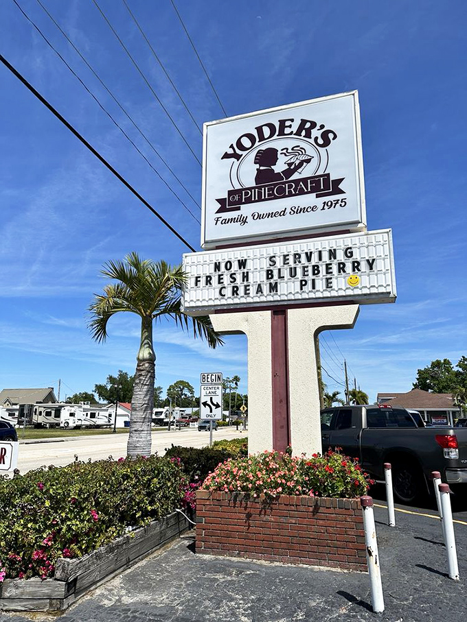 A sign that doesn't just advertise a restaurant&mdash;it announces a destination. When blueberry cream pie makes the marquee, you know priorities are straight.