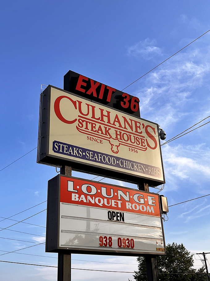 This sign has guided hungry travelers since 1956&mdash;like a meaty lighthouse beckoning you to safe, delicious harbor off Exit 36.