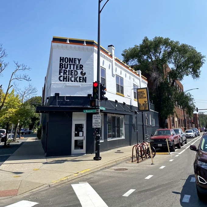 The corner of Roscoe Street where chicken pilgrims gather. A neighborhood landmark that draws visitors from across the city seeking crispy, buttery enlightenment.