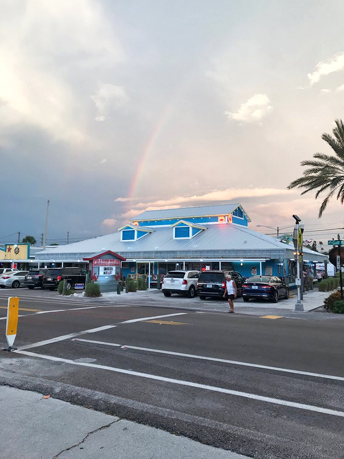 Even the Florida sky celebrates Crabby Bill's with a rainbow, nature's way of pointing you toward the pot of golden seafood at the end.