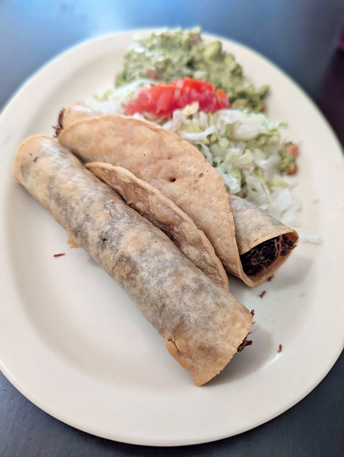 These taquitos aren't just rolled tortillas&mdash;they're crispy tubes of joy, standing at attention next to their guacamole and slaw companions.