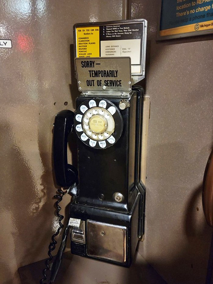 A vintage payphone that reminds us of simpler times, when "checking in" meant actually calling someone instead of posting your breakfast on Instagram.