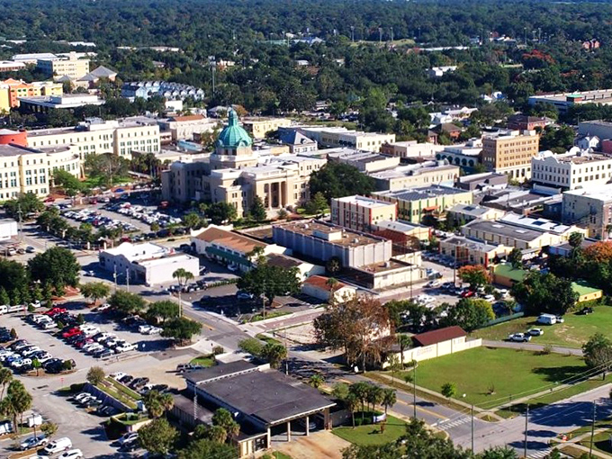 From above, DeLand reveals itself as the perfect blend of historic architecture and lush greenery. Florida's hidden gem from a bird's eye view.
