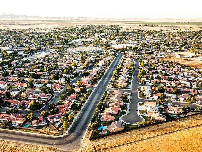 From above, Coalinga reveals its orderly grid of affordable homes with actual yards – where "outdoor space" isn't limited to a fire escape.