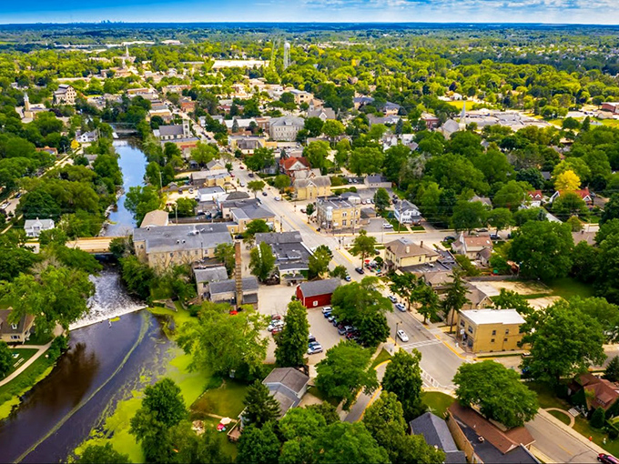 From above, Cedarburg reveals its secret&mdash;a town literally built around the flowing waters of Cedar Creek, nature and architecture in perfect harmony.