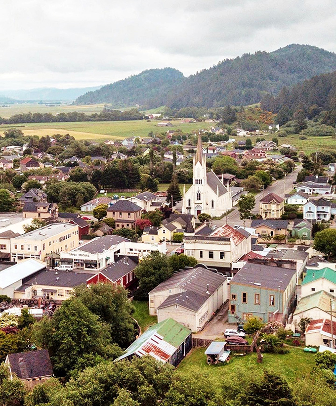 From above, Ferndale nestles into its valley like it was designed by a particularly meticulous model train enthusiast. That white church spire is the town's exclamation point.