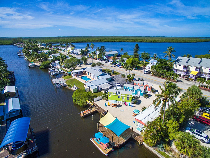 From above, Matlacha's true character reveals itself. A thin ribbon of colorful civilization embraced by the endless blue of sky and water. 