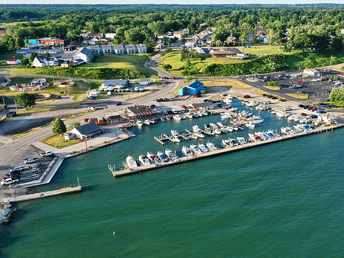 From above, Conneaut's marina reveals itself as a perfect puzzle of boats, docks, and blue water&mdash;a miniature world of nautical dreams.