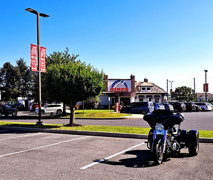 The view from across the lot&mdash;a diner worth the journey. That motorcycle knows what's up: great food awaits inside.