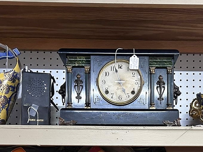 Time literally stands still on this vintage clock, its hands frozen at a moment that passed long ago.