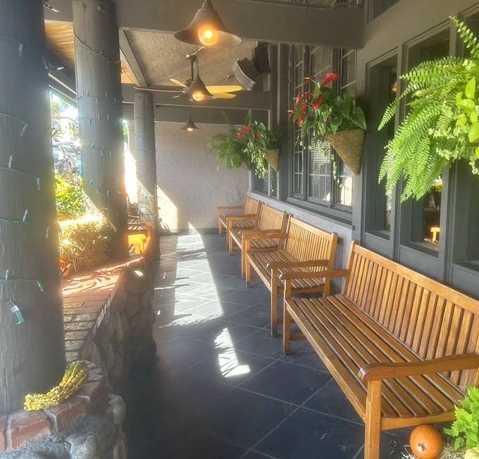 The waiting area's wooden benches bathed in California sunshine&mdash;where anticipation of what's to come is almost as delicious as the meal itself.