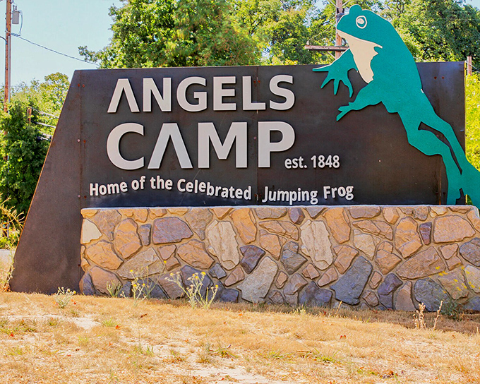 The town's welcome sign features their famous jumping frog, a whimsical nod to the Twain tale that put Angels Camp on the literary map.