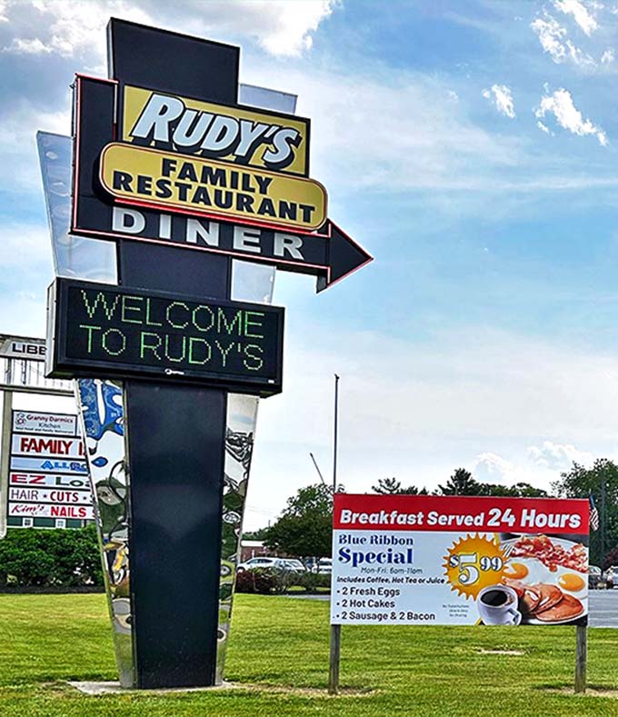 A sign that doesn't lie &ndash; when they say 24-hour breakfast, they mean business, bacon, and everything in between.