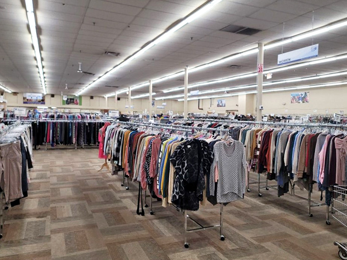 The women's clothing section stretches to the horizon. Fashion trends may come and go, but thrift store treasures are forever.