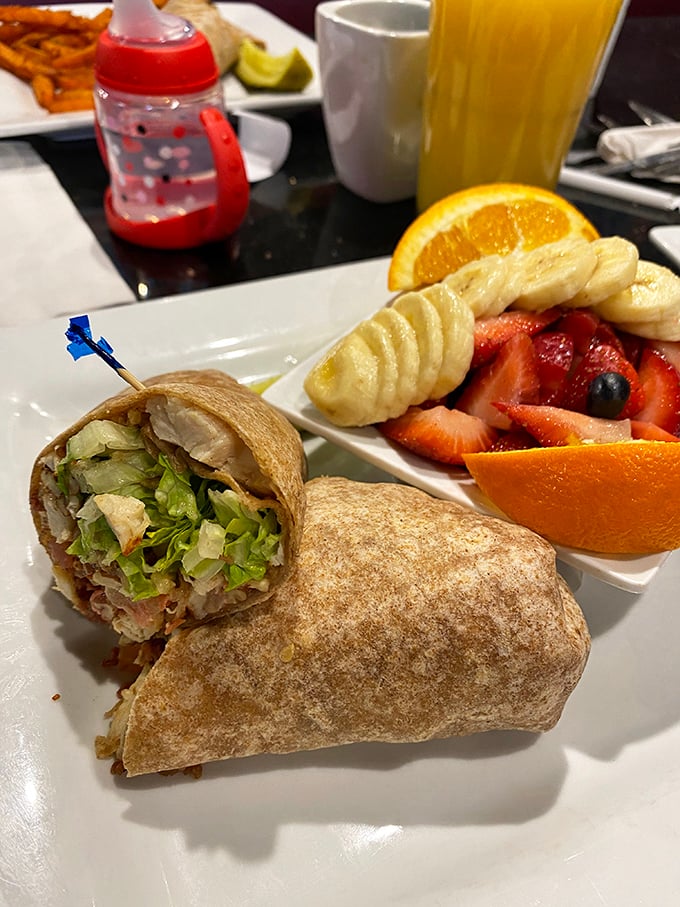 Breakfast wrap and fresh fruit&mdash;for when you want to feel virtuous while still treating yourself. Having your cake and eating it too.