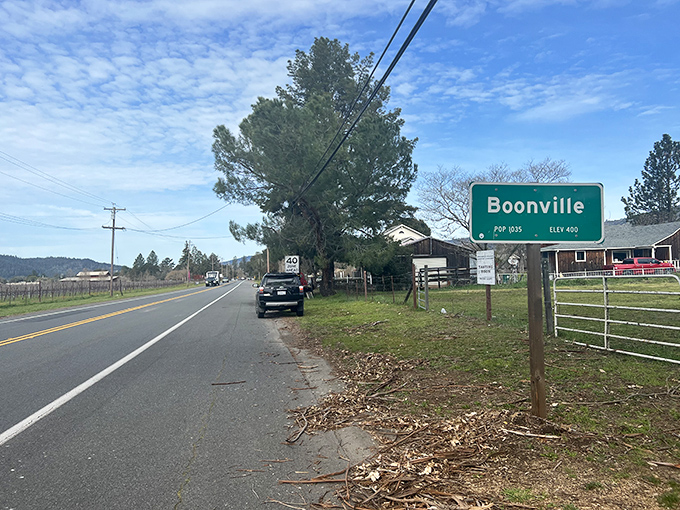Boonville welcomes visitors with its simple roadside sign, a gateway to Anderson Valley's vineyards and apple orchards.