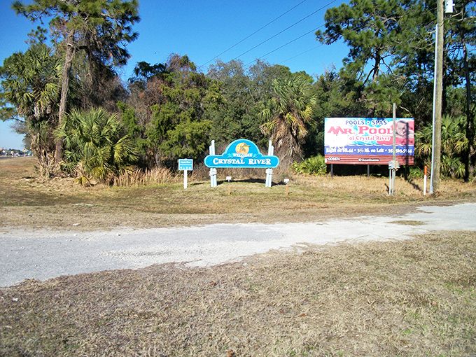 Crystal River's welcome sign promises manatee encounters and spring-fed adventures in Florida's most naturally air-conditioned playground.