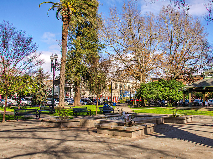Healdsburg's plaza comes alive with color as shops open for the day. The only rush hour here involves people hurrying to lunch.