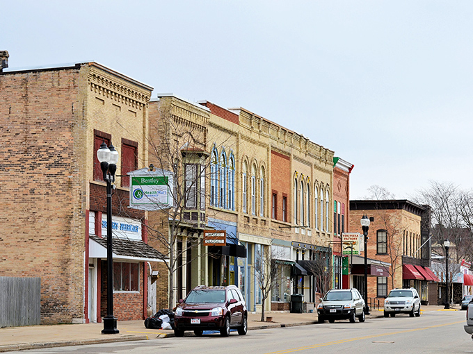 Historic brick buildings line Princeton's charming main street, where shops and galleries welcome visitors year-round.