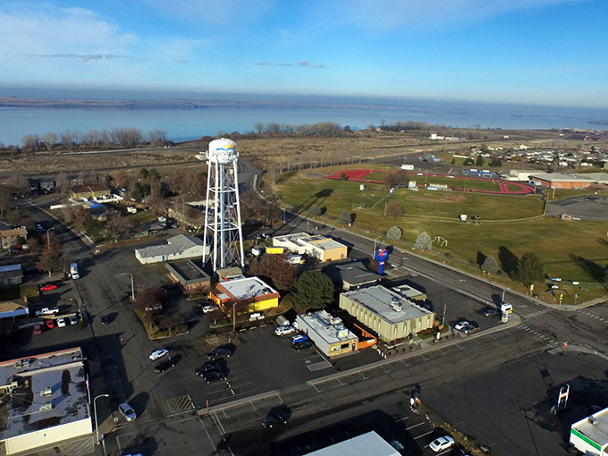 The water tower stands as Boardman's exclamation point, announcing this small town's presence against the vast Eastern Oregon landscape. 