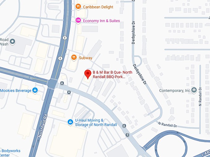 16. b & m bar b que north randall bbq pork,beef & turkey ribs,brisket,seafood & more map