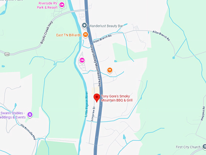 16. tony gore's smoky mountain bbq & grill map