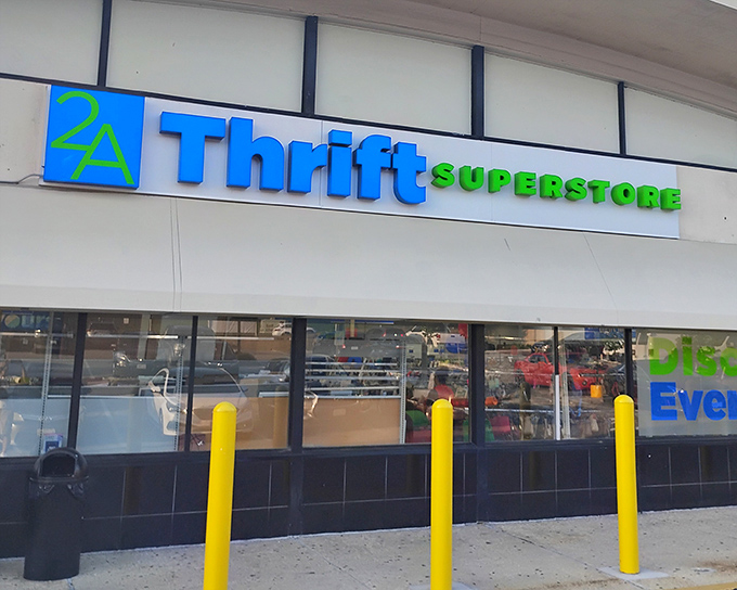 The bright blue and green sign of 2A Thrift Superstore beckons like a beacon of bargain possibilities. Treasure hunting starts here!